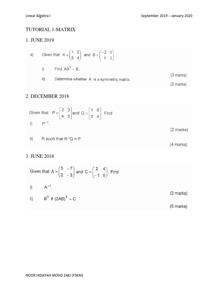 Tutorial 1 - Matrices | PDF