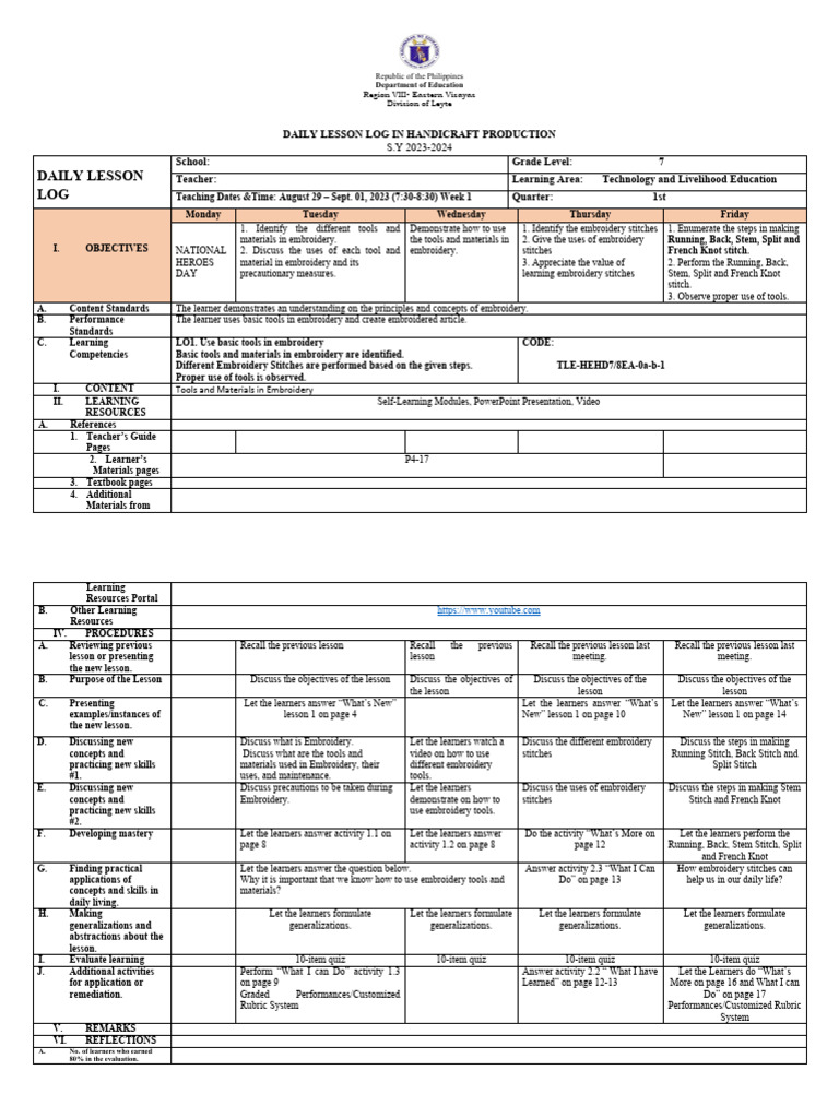 DLL Handicraft - Grade 7 Q1W1 | PDF | Learning | Embroidery