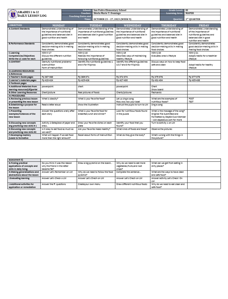 DLL - Mapeh 3 - Q1 - W9 | PDF