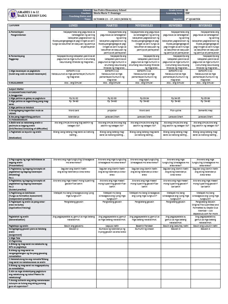 DLL - Esp 3 - Q1 - W9 | PDF