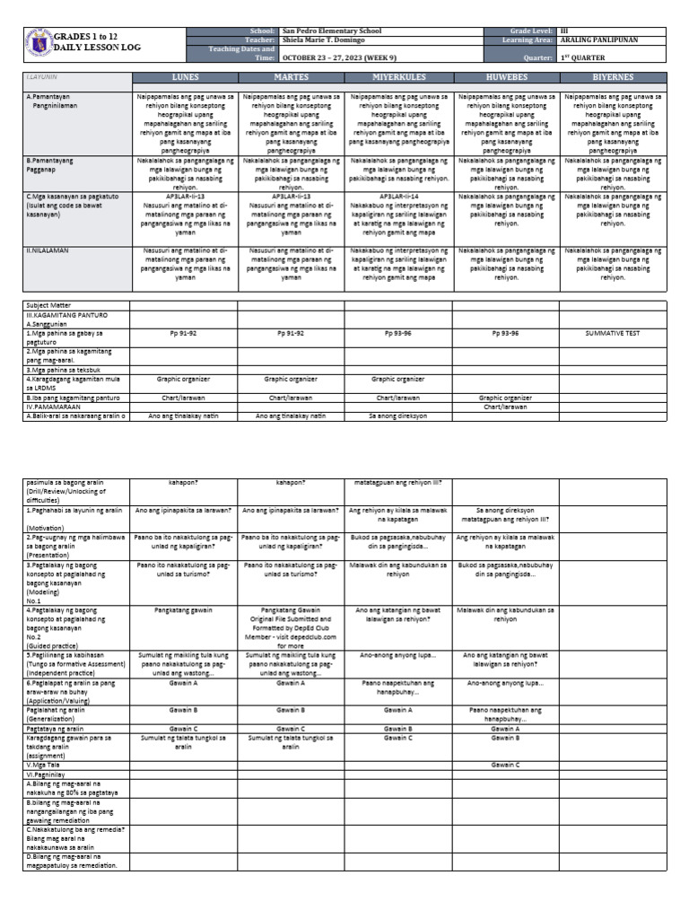 DLL Araling Panlipunan 3 q1 w9 | PDF