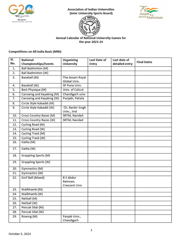 Sports Calendar 2023-24 | PDF