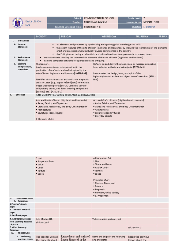 Arts7 DLL Q1W1 | PDF