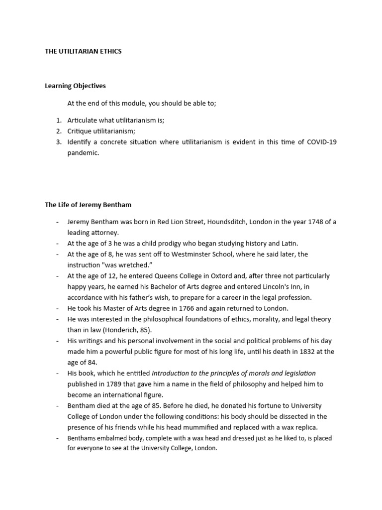 The Utilitarian Ethics | PDF