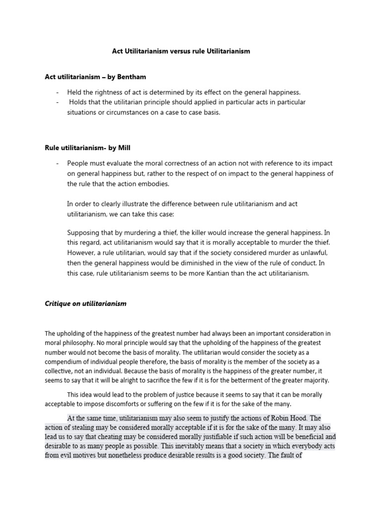 Act Utilitarianism Versus Rule Utilitarianism | PDF