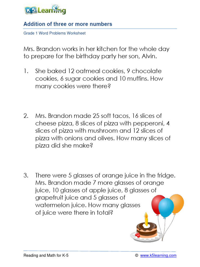 Grade 1 Addition Word Problems 3 Numbers A | PDF