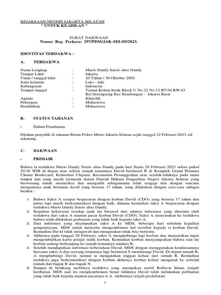 Surat Dakwaan Primair & Subsidiair | PDF