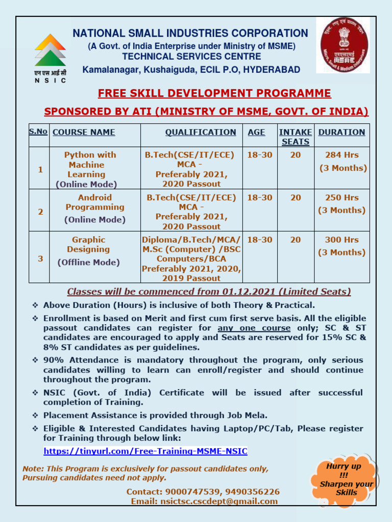 FREE SKILL DEVELOPMENT PROGRAMME-NSIC-TSC Hyderabad | PDF