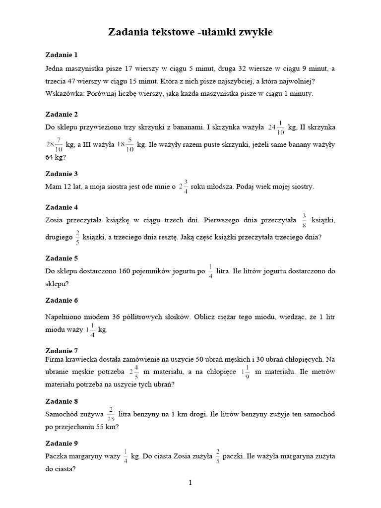 Zadania Tekstowe - Ułamki Zwykłe: Zadanie 1 | PDF