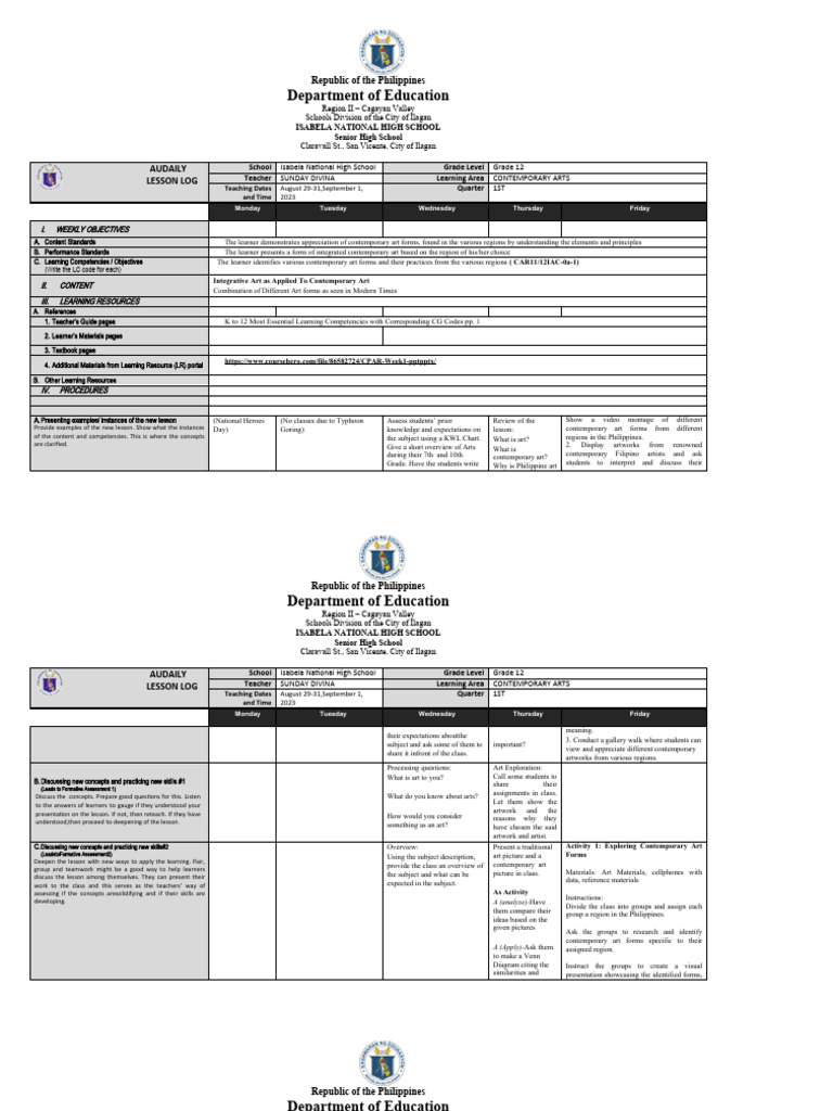 CPAR WEEK 1 Aug30 Sep1 2023 | PDF | Learning | Educational Assessment