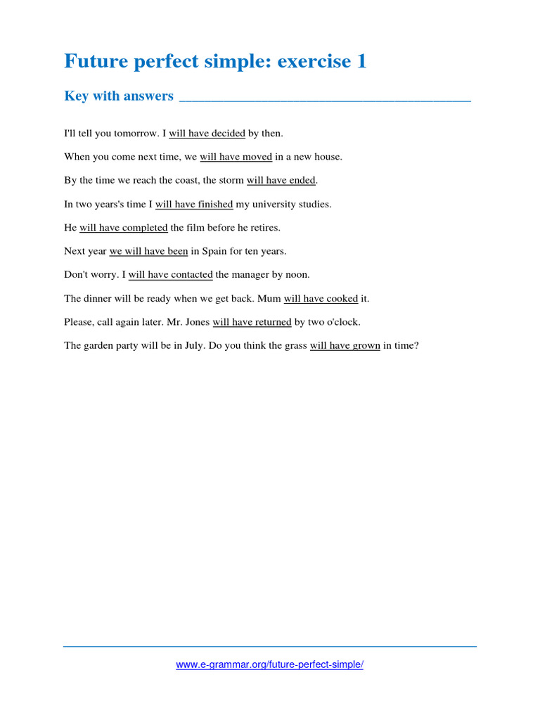 Future Perfect Simple Exercise 1 Key | PDF