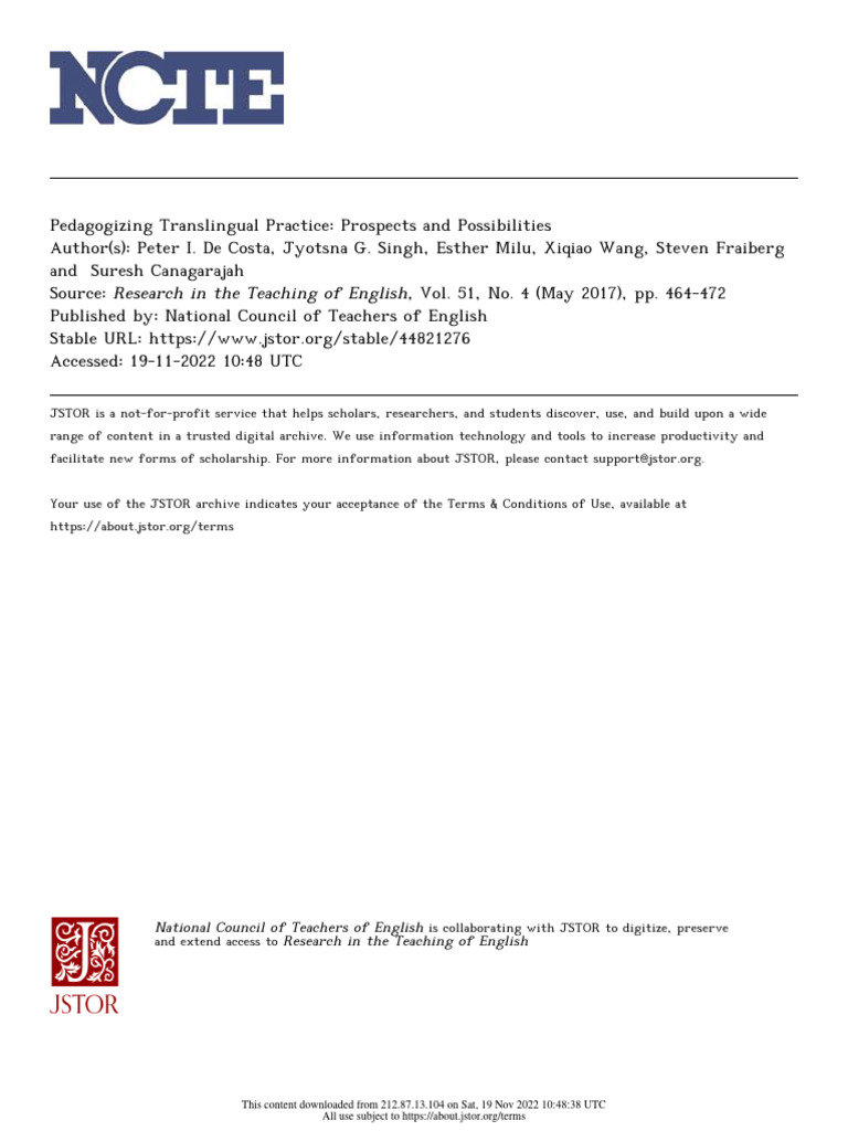 Pedagogizing Translingual Practice, Prospects and Possibilitiesj | PDF
