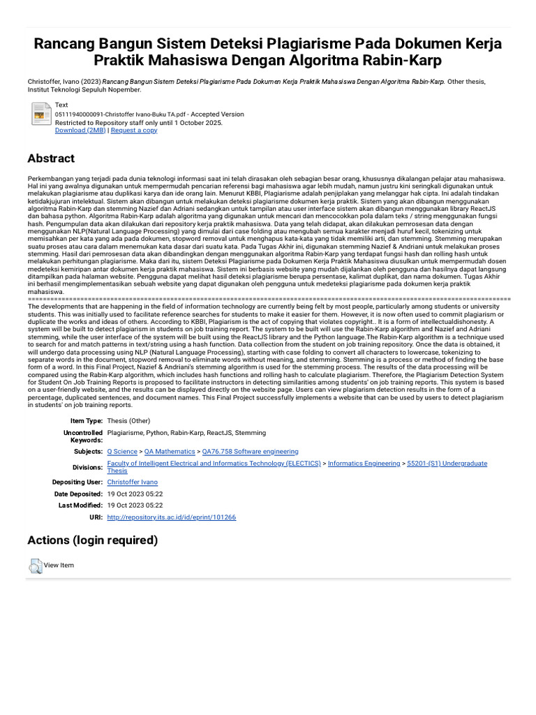 Rancang Bangun Sistem Deteksi Plagiarisme Pada Dokumen Kerja Praktik Mahasiswa Dengan Algoritma ...