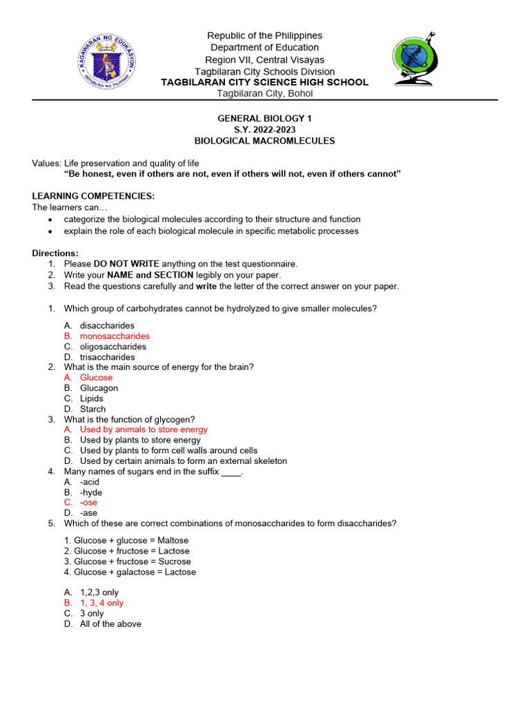GEN. BIOLOGY 1 Biomolecules Exam2 | PDF