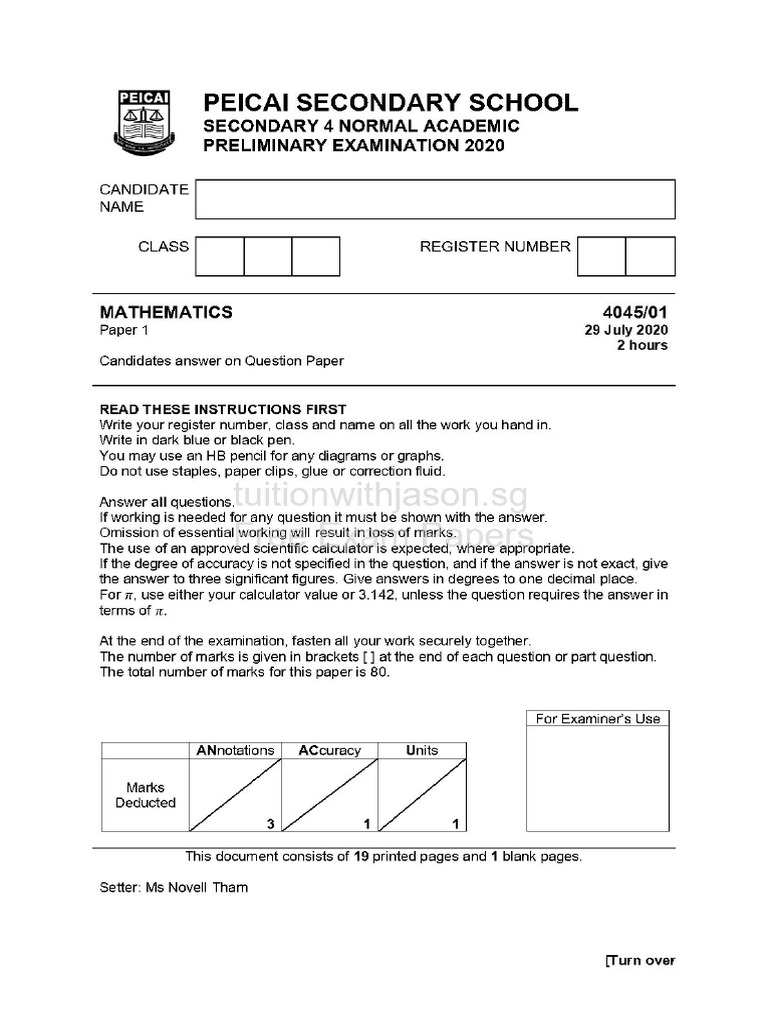 E-Math - Sec 4 NA - Prelims Exam Paper - 2020 - Peicai Sec | PDF