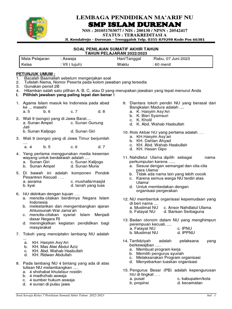 SOAL ASWAJA KLS 7 GENAP 2022-2023 Ok | PDF
