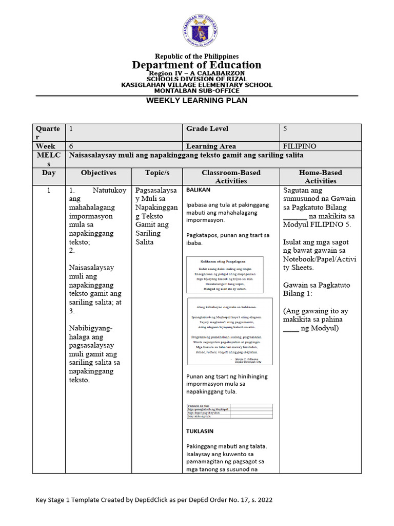 Department of Education: Weekly Learning Plan | PDF