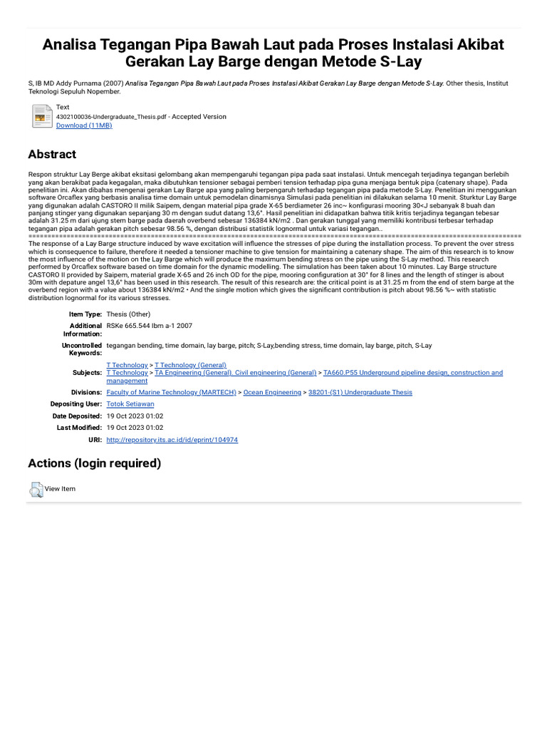 Analisa Tegangan Pipa Bawah Laut Pada Proses Instalasi Akibat Gerakan Lay Barge Dengan Metode S ...