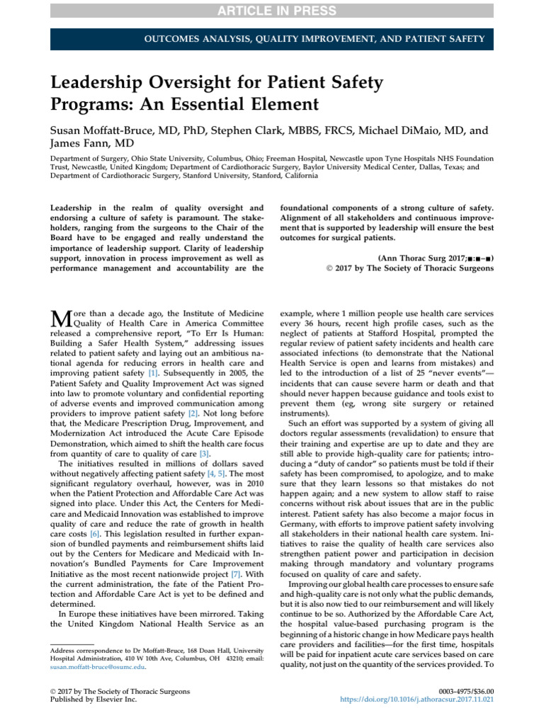 Leadership Oversight For Patient Safety Programs | PDF | Science ...