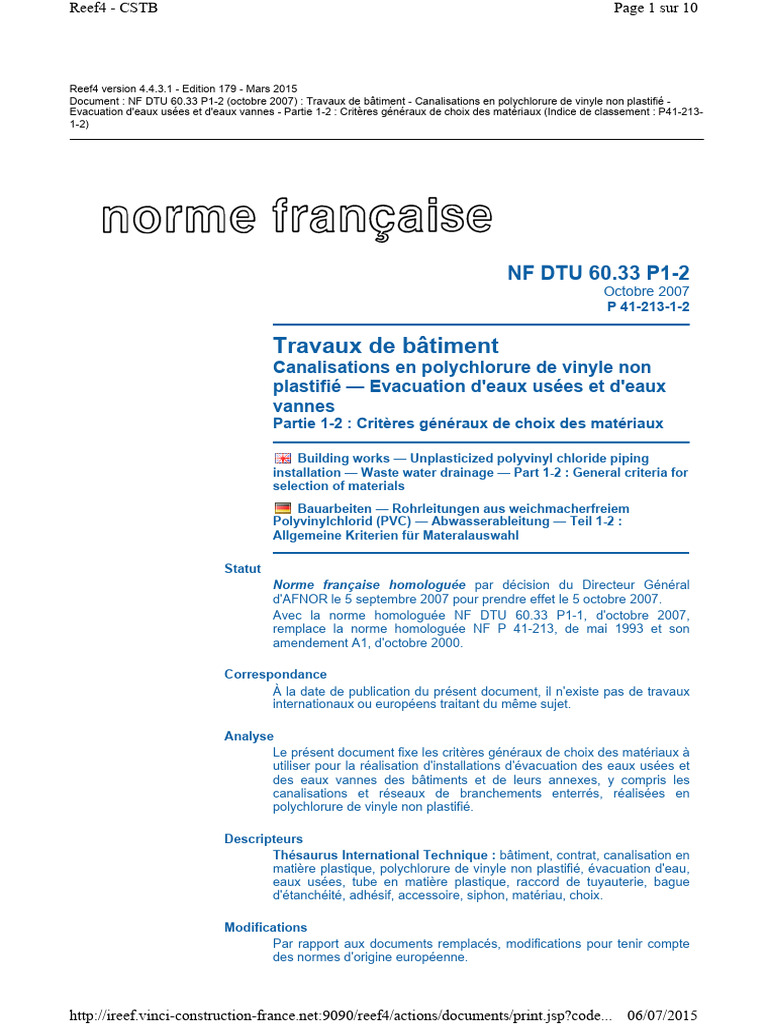 Travaux de Bâtiment: NF DTU 60.33 P1-2 | PDF