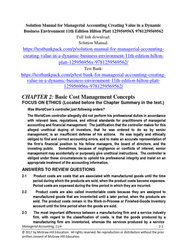Solution Manual For Managerial Accounting Creating Value in A Dynamic Business Environment 11th ...