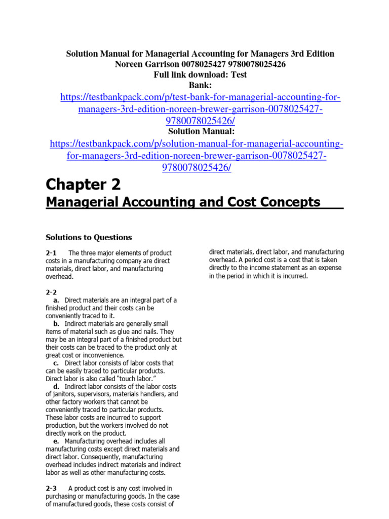 Solution Manual For Managerial Accounting For Managers 3rd Edition Noreen Brewer Garrison ...