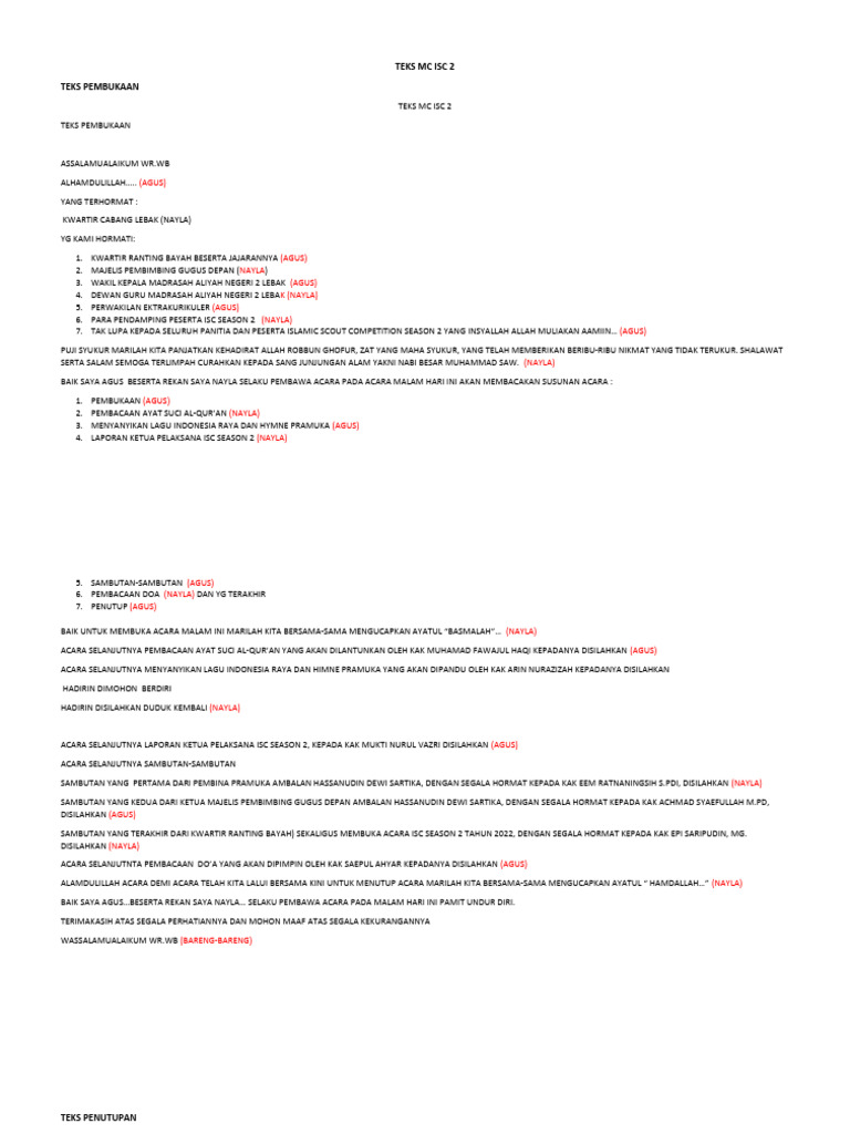 Teks MC Pembukaan Isc 2 Formal Fix | PDF