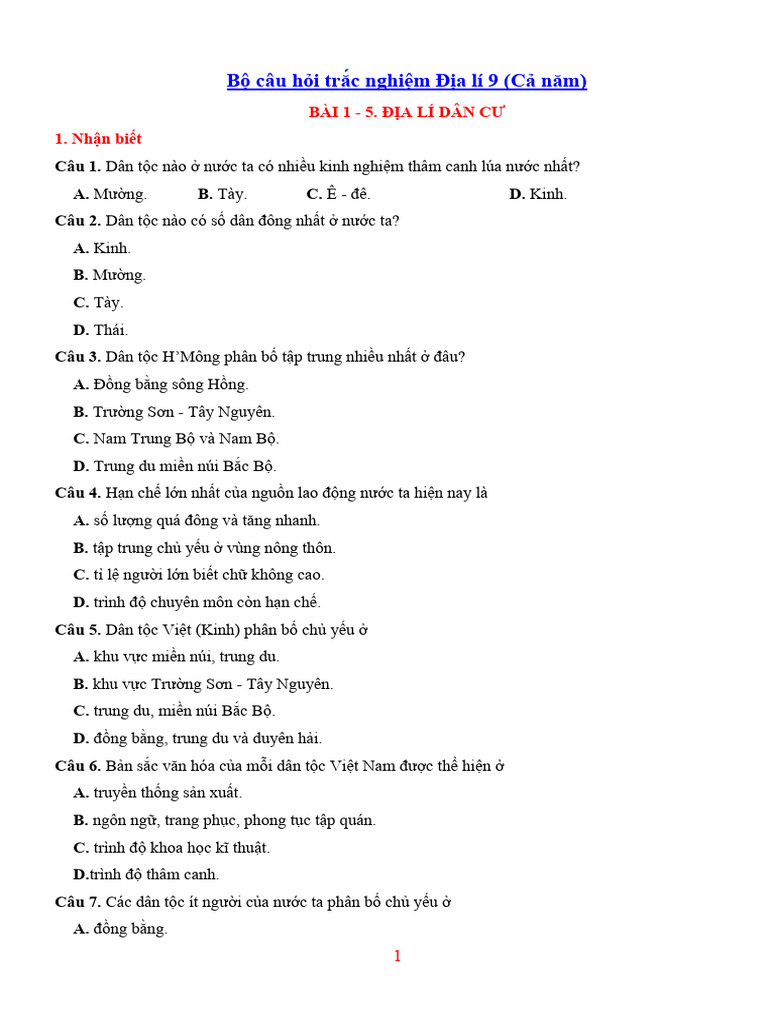 Bo Trac Nghiep Dia Li 9 Ca Nam | PDF