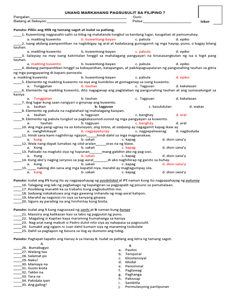 1st Periodical Test Fil 7 | PDF