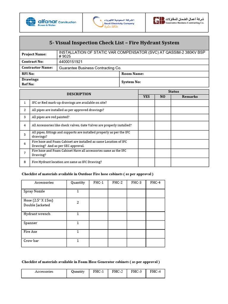 5 - Visual Inspection Check List - Fire Hydrant System... | PDF