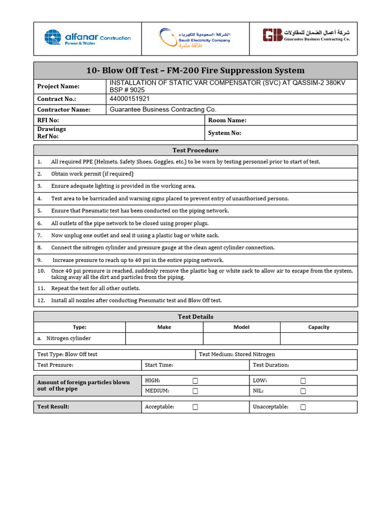 FM-200 Fire System Blow Off Test Guide | PDF