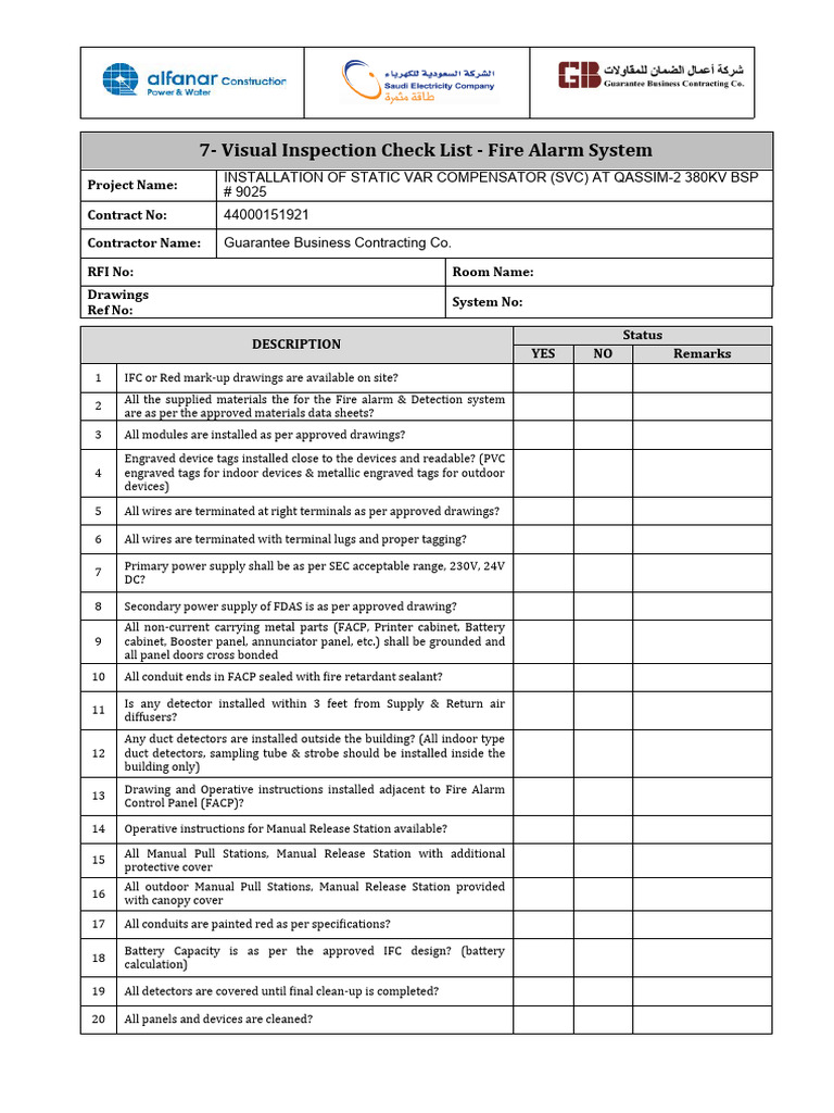 7 - Visual Inspection Check List - Fire Alarm System | PDF