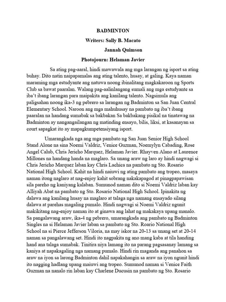 BADMINTON Sports Writing | PDF