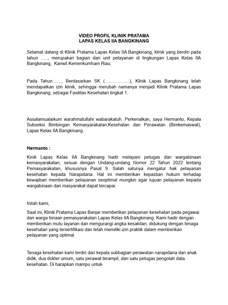 Script Video Profil Klinik Pratama Lapas Bangkinang | PDF