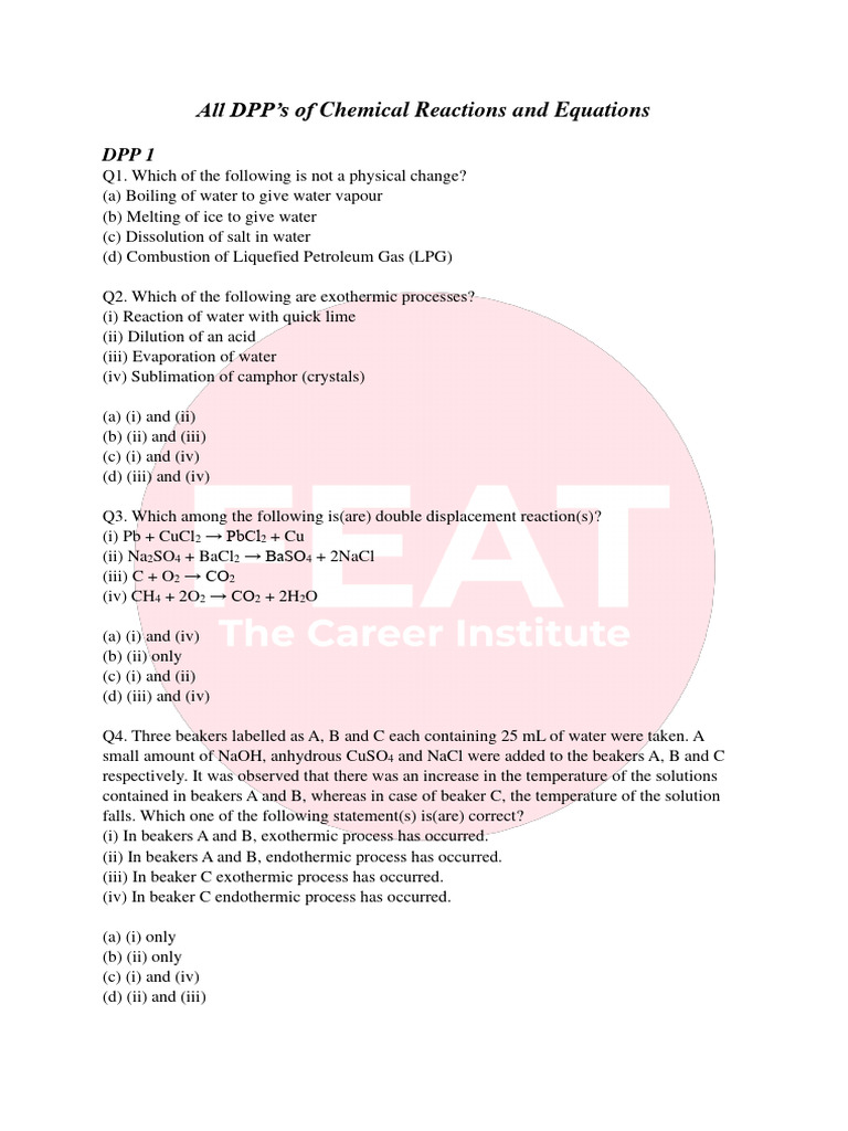 10th Chapter 1 DPPs - Chemical Reactions and Equations | PDF