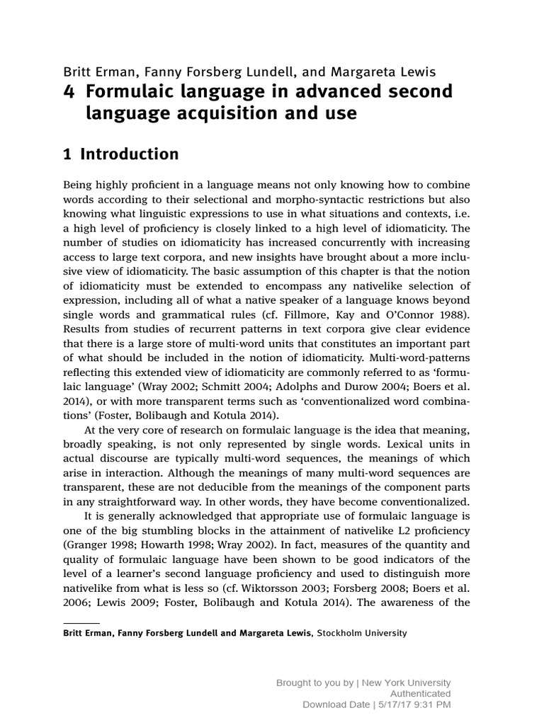 Formulaic Language in Advanced Second Language Acquisition and Use | PDF