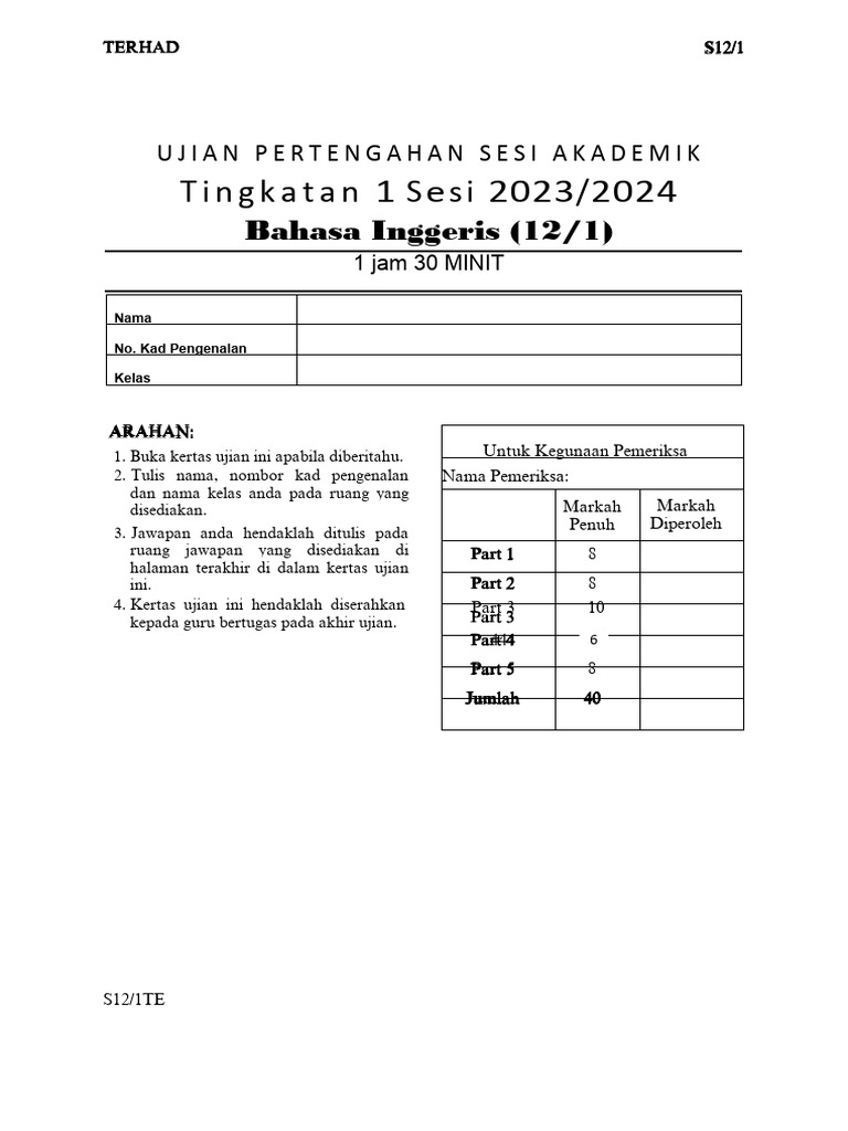 Kertas Ujian Pertengahan Sesi Akademik Bahasa Inggeris Tingkatan 1 04 | PDF | Gemstone | Diamond