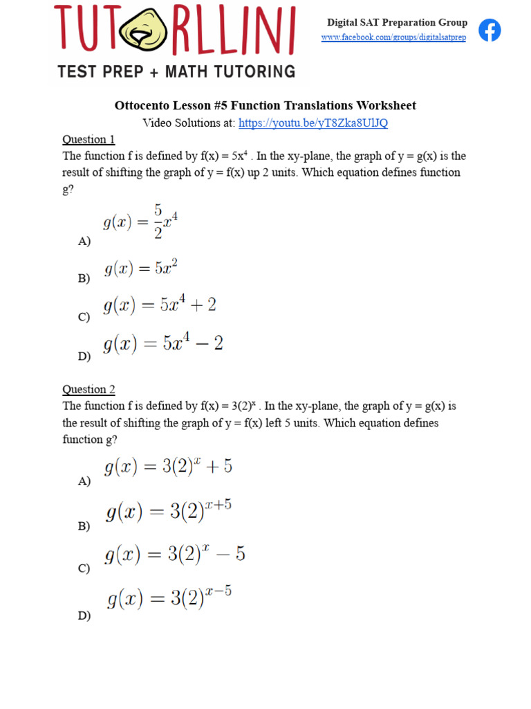 Ottocento Lesson #5 Function Translations Worksheet | PDF | Teaching ...