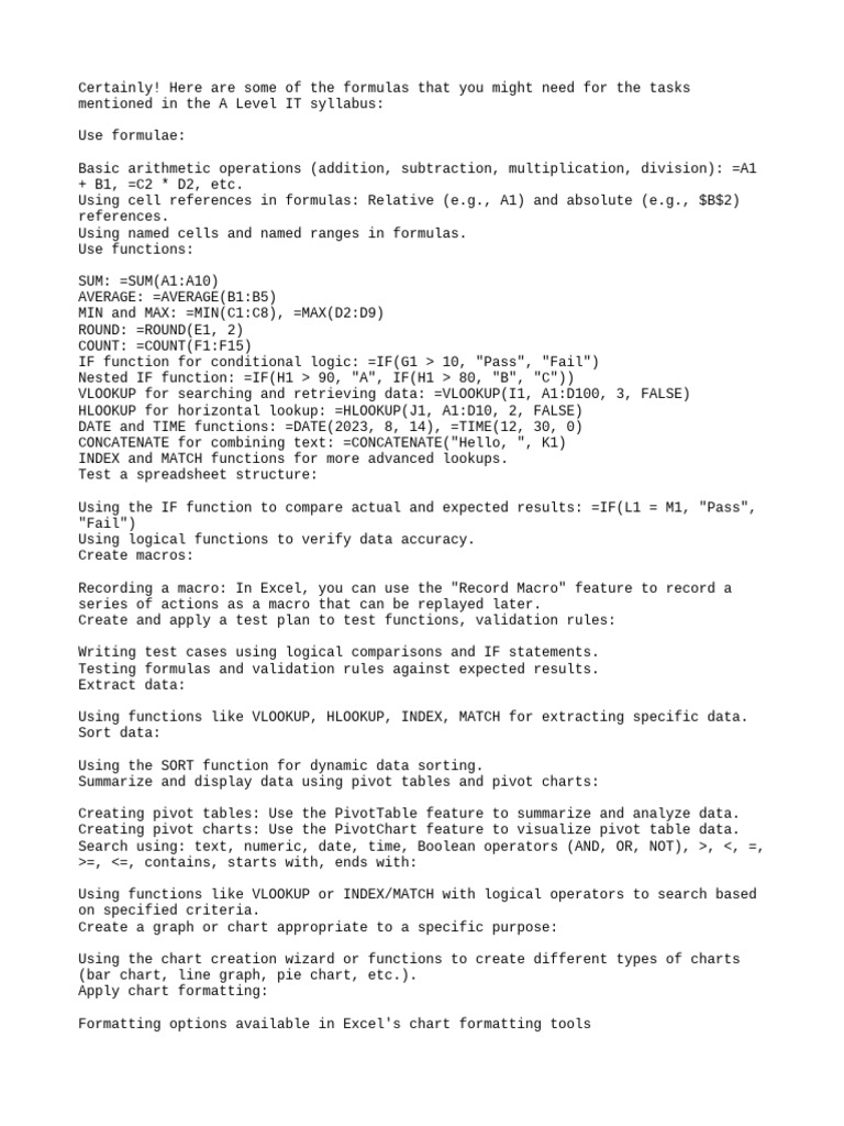 It Formula Spreadsheet | PDF | Computers | Teaching Methods & Materials