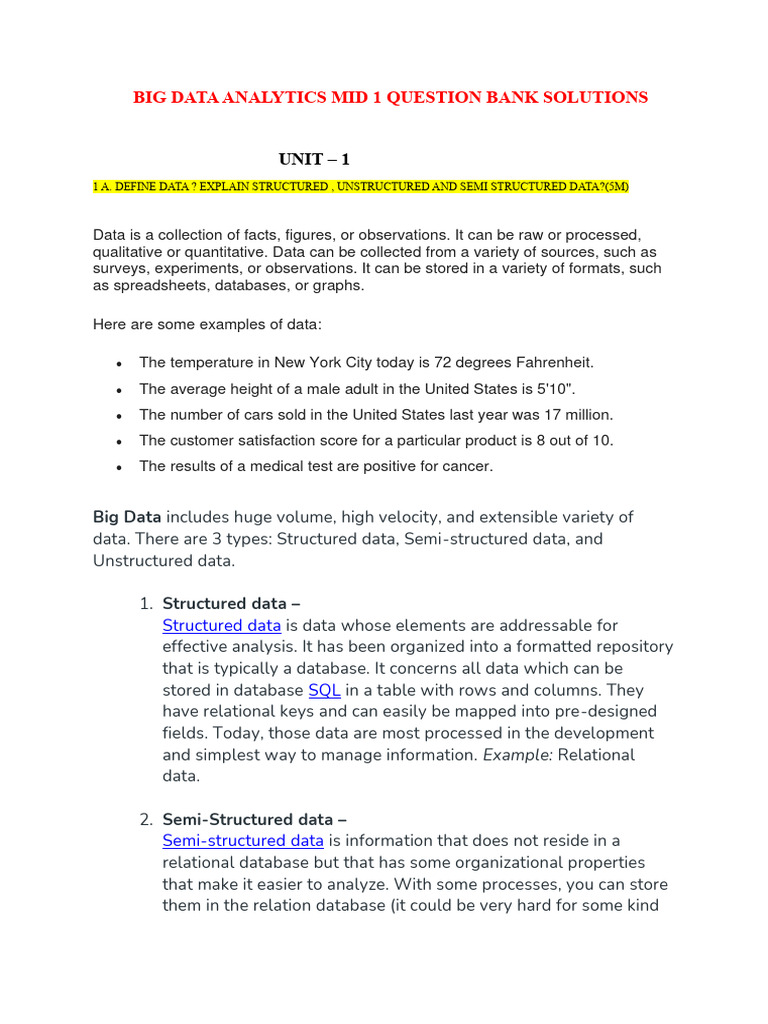Big Data Analytics Mid 1 Question Bank Solutions | PDF