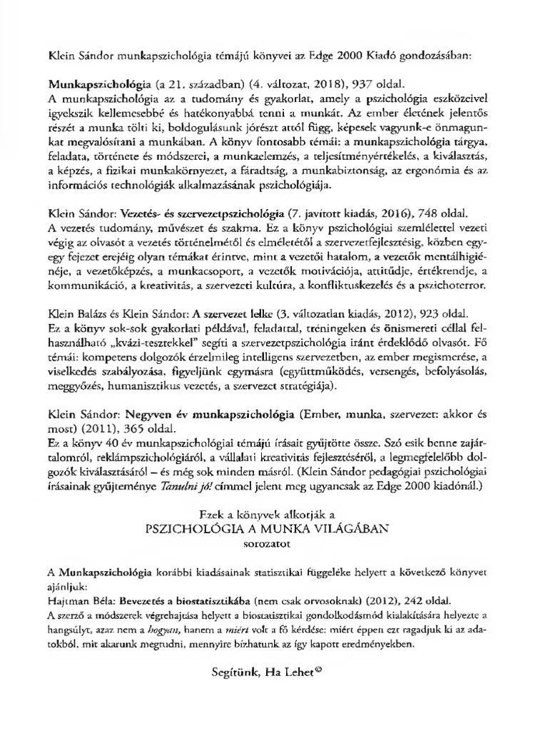Klein Sándor - Munkapszichológia A 21 - Században | PDF
