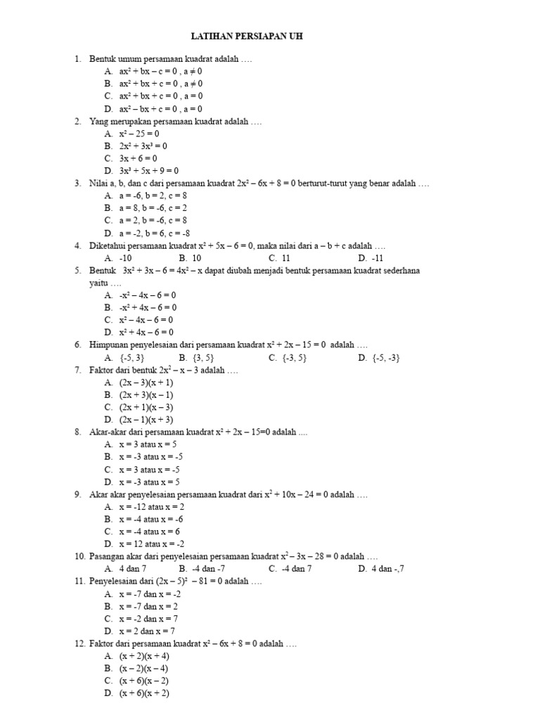 Latihan Persiapan UH Bab 2 MTK | PDF
