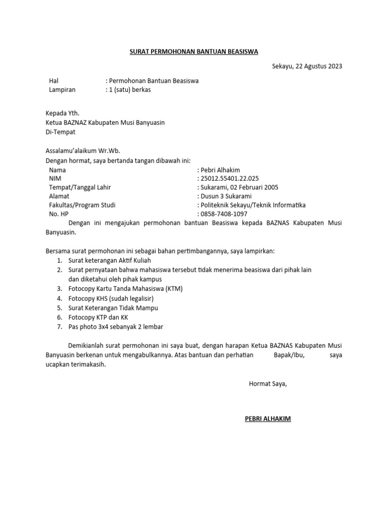 Surat Permohonan Bantuan Beasiswa Basnaz | PDF Surat Permohonan Bantuan Beasiswa Basnaz | PDF