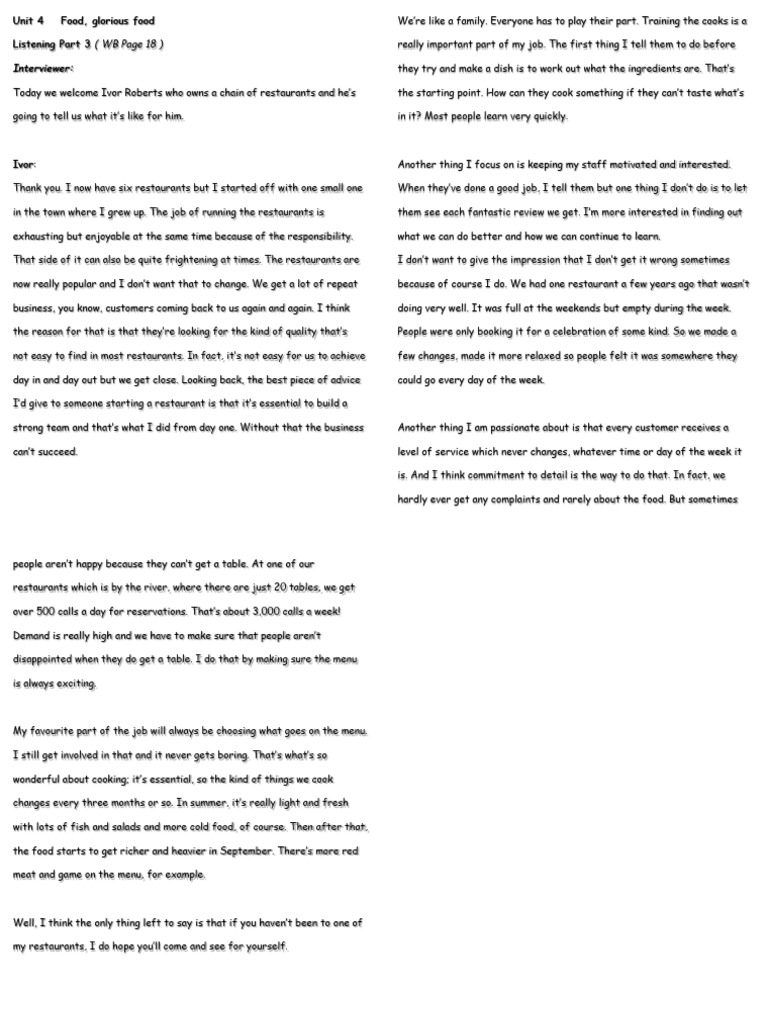 Listening Tape Script (WB Page 18) | PDF | Restaurants | Menu