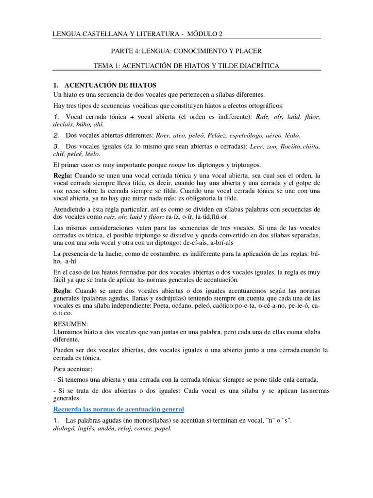 Tema 1 - Acentuación de Hiatos y Tilde Diacrítica | PDF