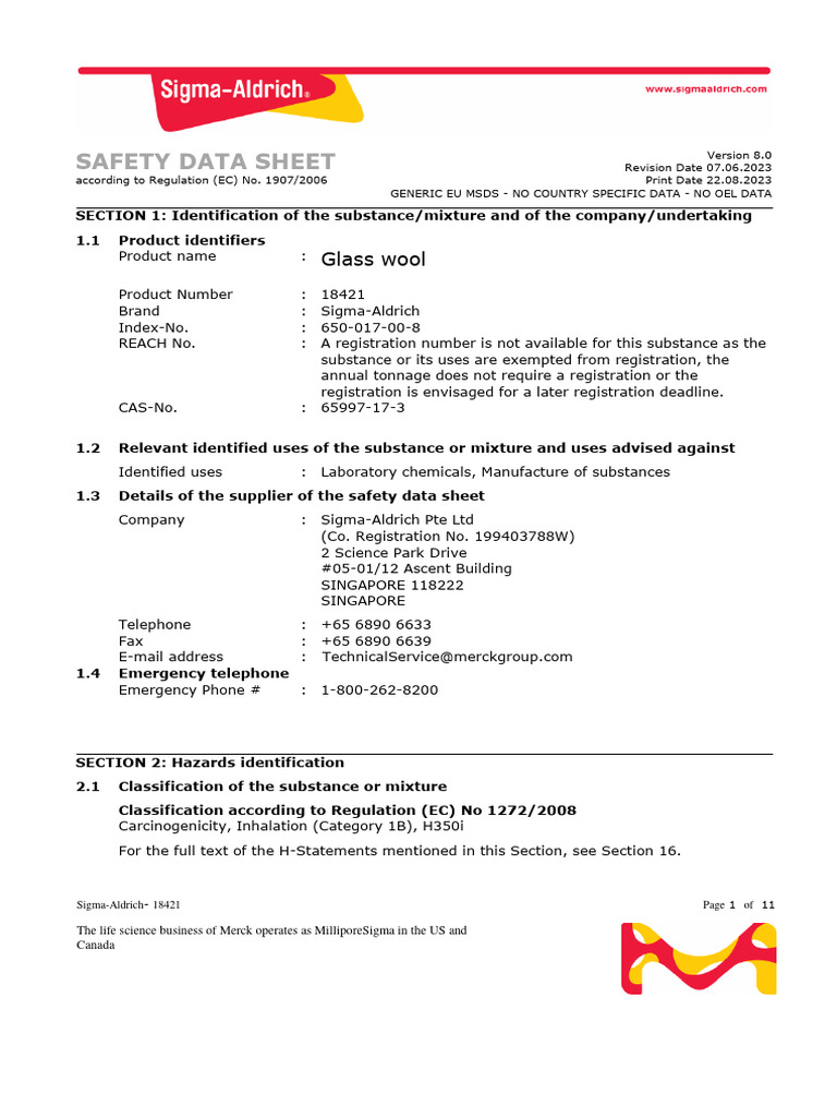 Safety Data Sheet: Glass Wool | PDF | Dangerous Goods | Toxicity