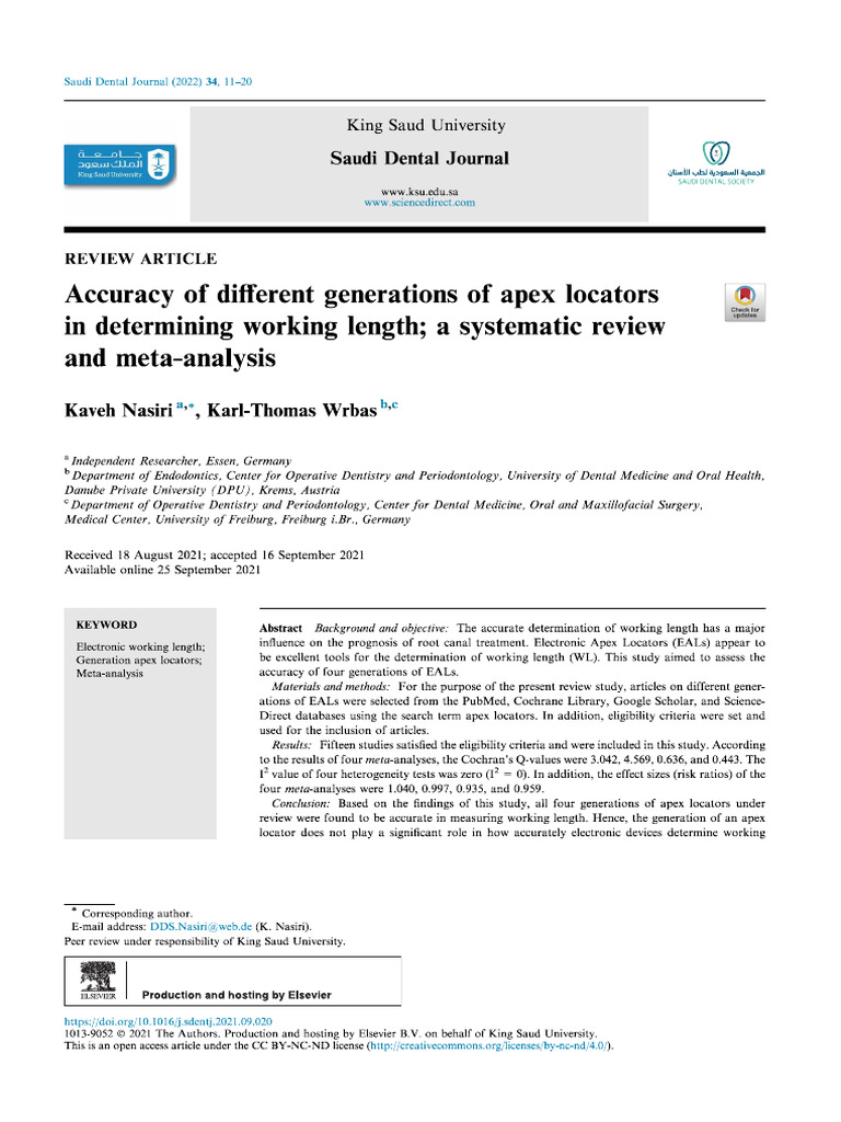 Nasiri Et Al 2021 Accuracy Of Different Generations Of Apex Locators A Systemic Revie Pdf