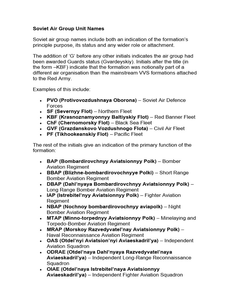 Soviet Air Group Unit Names | PDF