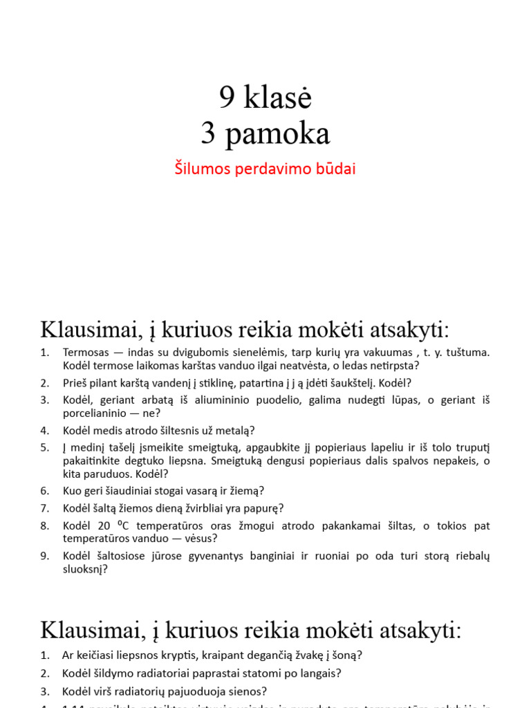 9 Kl. 3 Pamoka Klausimai Is Silumos Perdavimo Budu | PDF