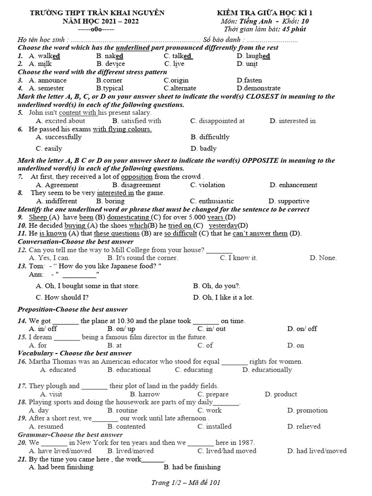 Kiem Tra Giua Ki Khoi 10 | PDF